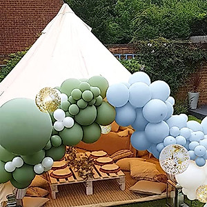 Sage Green and Blue Balloon Garland Kit with Arch Kit, 18 10 5 inch Balloons in Matte Olive Eucalyptus, Dusty Light Blue, White, Gold Confetti, Baby Shower Birthday Wedding Bridal Party Decorations