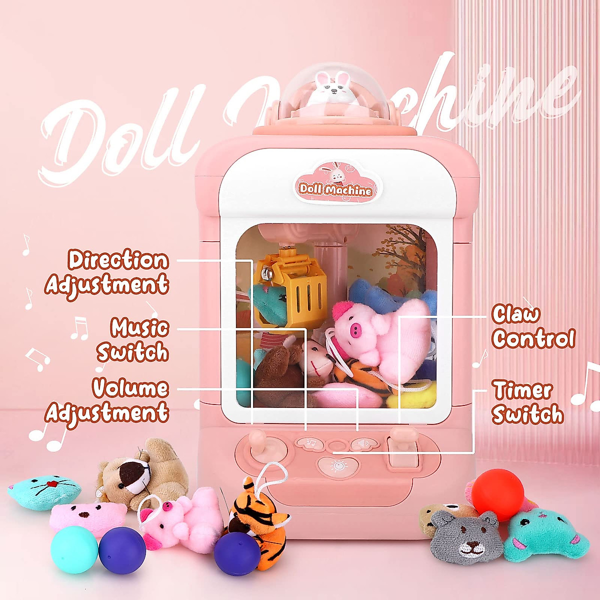 Syahro Mini Claw Machine with Music, Containing Plastic Toys, Gashapons, Dispenser & Plush Toys, Funny Game and Gift for Party, Mini Candy Vending Machine for Girls and Boys Ages 3-6, 4-8