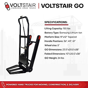 Voltstair GO Portable Electric Motorized Stair Climbing Hand Truck with Removeable Battery, with Included Bungee Cord and Anti Slip Tracks for Heavy Lifting (150lb. Lift Capacity) Black/Red