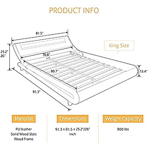 SHA CERLIN Wave-Like Curve Deluxe Upholstered Modern Bed Frame with LED Headboard/Mattress Foundation/No Box Spring Needed/Strong Wood Slats Support/Easy Assemble, Black, King