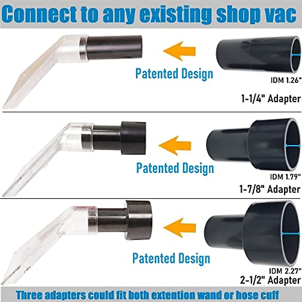 Happy Tree Universal Fits All Shop Vacs Clear Extraction Accessory Nozzle with 1-1/4" &1-7/8" & 2-1/2" Adapters for Auto Detailing, Shop Vac Extractor Attachment for 1-26 Gallon Wet Vacuum Cleaners