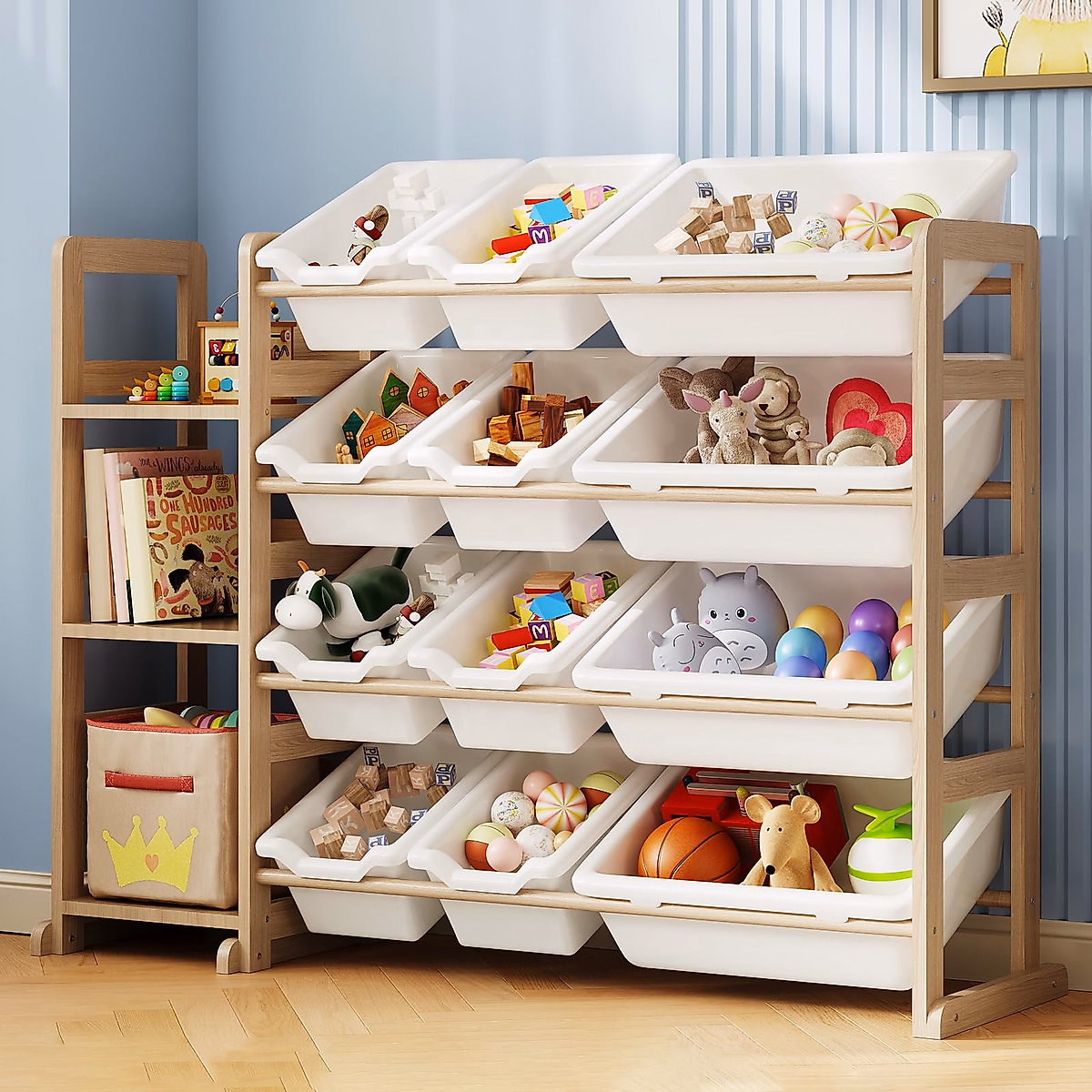 Toy Storage Organizer - Toy Organizers and Storage with Bookshelf, Toy Storage Shelf with 3 Shelves and 12 Storage Bins, Kids Bookshelf and Toy Storage for Kids Room, Playroom, Bedroom, Nursery, White