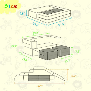 MOOZHEALTH Modular Kids Play Couch, Soft Play Climbing Blocks Convertible Toddlers Sofa and Indoor Playset Foldable Floor Cushion with 2 Ottomans for Playroom Bedroom