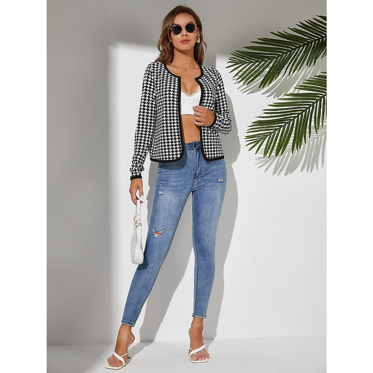 WDIRARA Women's Houndstooth Open Front Long Sleeve Plaid Work Office Elegant Jacket Black and White Tall S