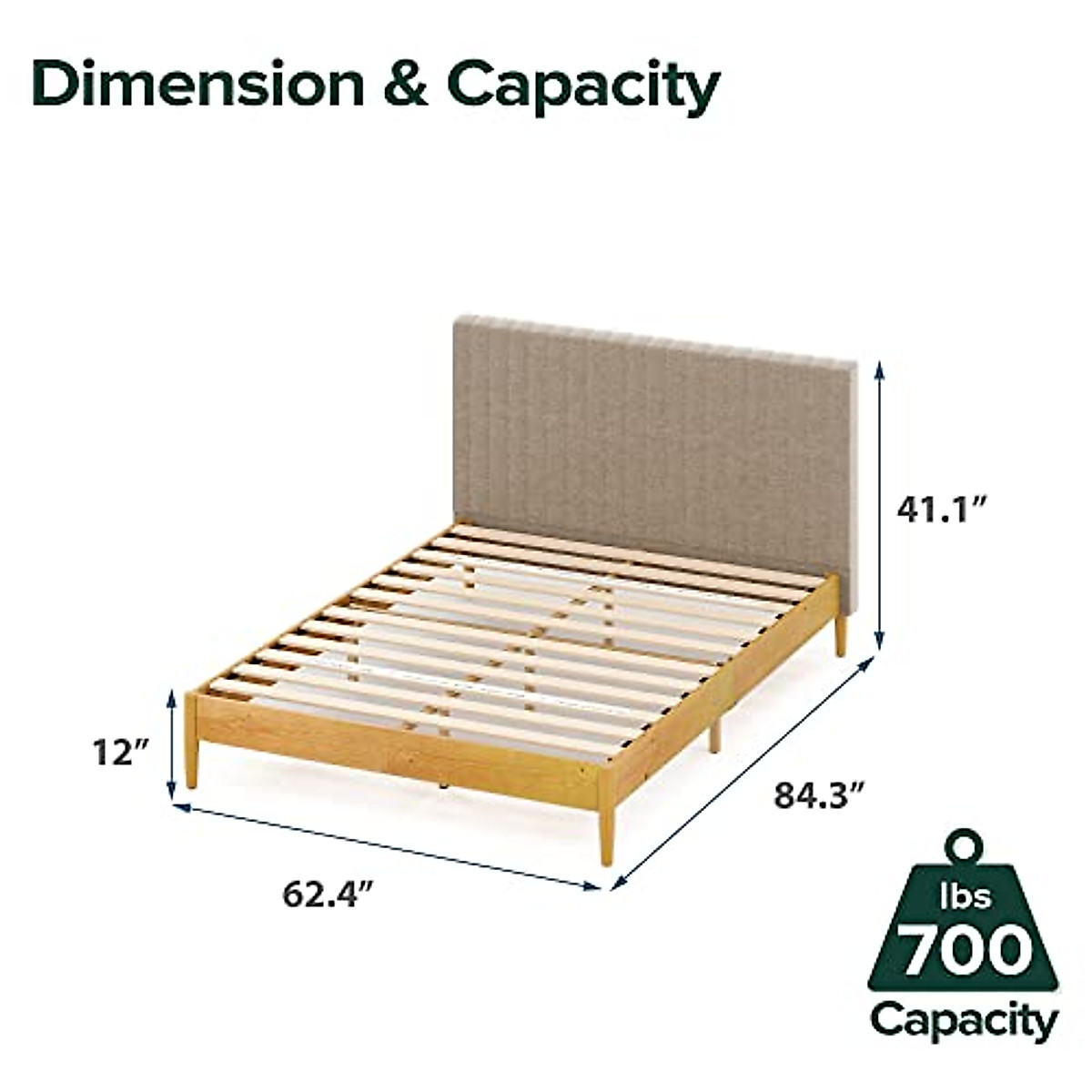 ZINUS Amelia Wood Platform Bed Frame with Upholstered Headboard / Solid Wood Bed / No Box Spring Needed / Easy Assembly, Queen