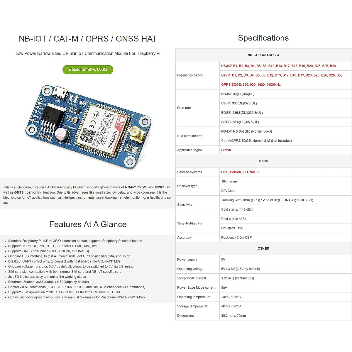 Waveshare SIM7000G NB-IoT/Cat-M/Edge/GPRS HAT, Compatible with Raspberry Pi 5/4B/3B/Zero/Zero W/Zero 2W/Pico/Pico W/Pico WH, GNSS Positioning, Global Band Support