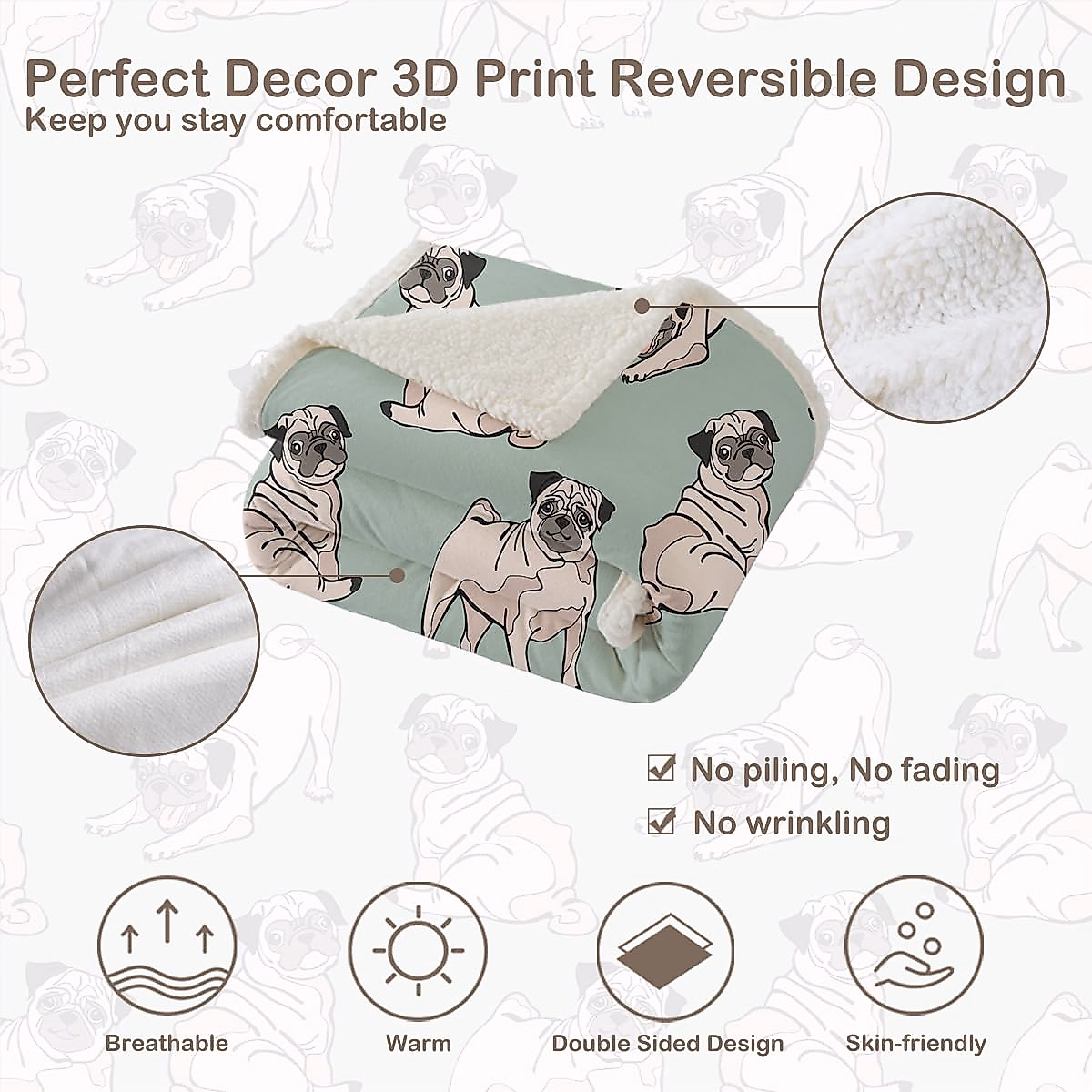 Sleepwish Pug Blankets for Kids Pug Fleece Throw Blanket Cute Pug Gifts for Girls Boys Soft Dog Animal Sherpa Blanket Pug Blankets and Throws for Couch Adults, Green (50" X 60")