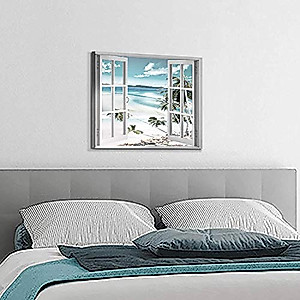 Open Windows Canvas Wall Art: Beach with Coastal Palm Graphic Artwork Print on Wrapped Canvas for Wall Decor(24''x18'')