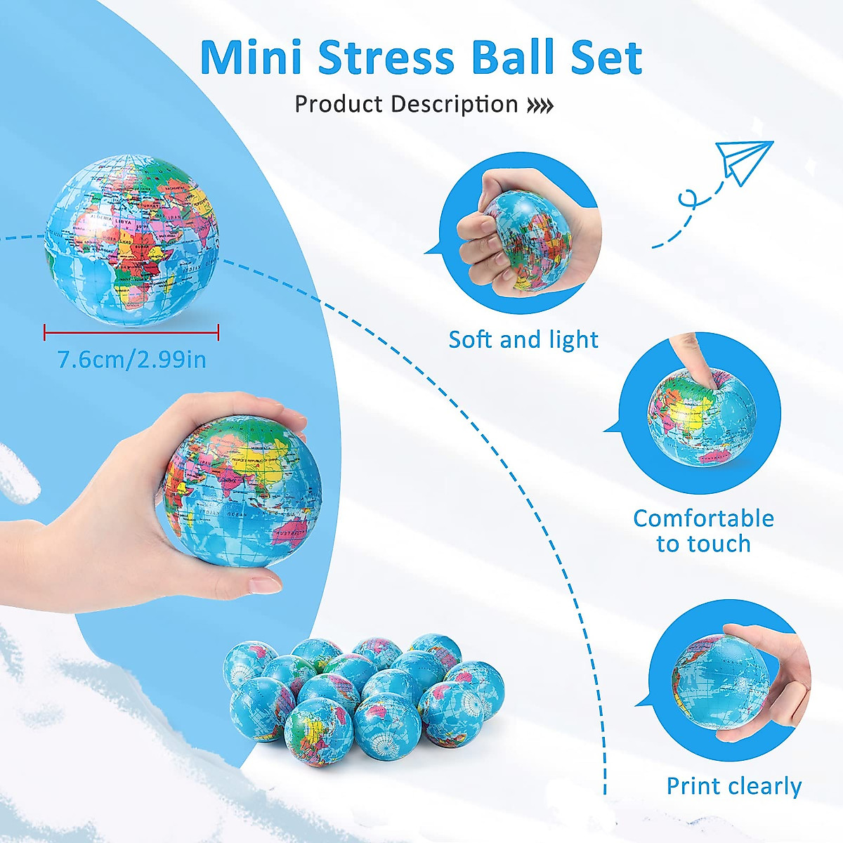 BBTO 24 Pack World Stress Balls Mini Globe Ball Earth Stress Relief Balls 3 Inch Stress Balls for Adults Teens Finger Exercise, Globe Pattern Educational Stress Balls, Party Favors, Carnival Rewards
