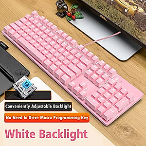 Lomiluskr JXZJ Pink Wired Mechanical Keyboard with White Backlit, 22 Lighting Effects, 104 Keys Anti-Ghosting Gaming Keyboard (Pink, Blue Switch)