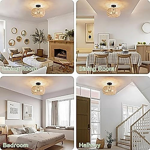 Rattan ceiling light With natural Woven，3-Lights Semi Flush Mount Ceiling Light,twine with Woven Lamp Shade,size 10*12",Boho Ceiling Light Fixtures for Kitchen Dining Room Bedroom Hallway Guesthouse