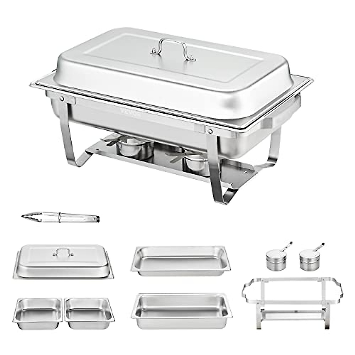 VEVOR Chafing Dish Buffet Set, 2 Pack 8 Qt, Stainless Chafer w/ 2 Full & 4 Half Size Pans, Rectangle Catering Warmer Server w/ Lid Water Pan Folding Stand Fuel Tray Holder Clip, at Least 8 People Each