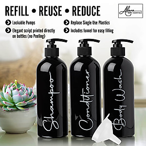 Alora Reusable Shampoo and Conditioner Bottles - Set of 3 - Matte Black - Permanent Stylish Labels - 16oz Pump Bottle Dispenser for Shampoo, Conditioner, Body Wash - Plastic Refillable Containers…