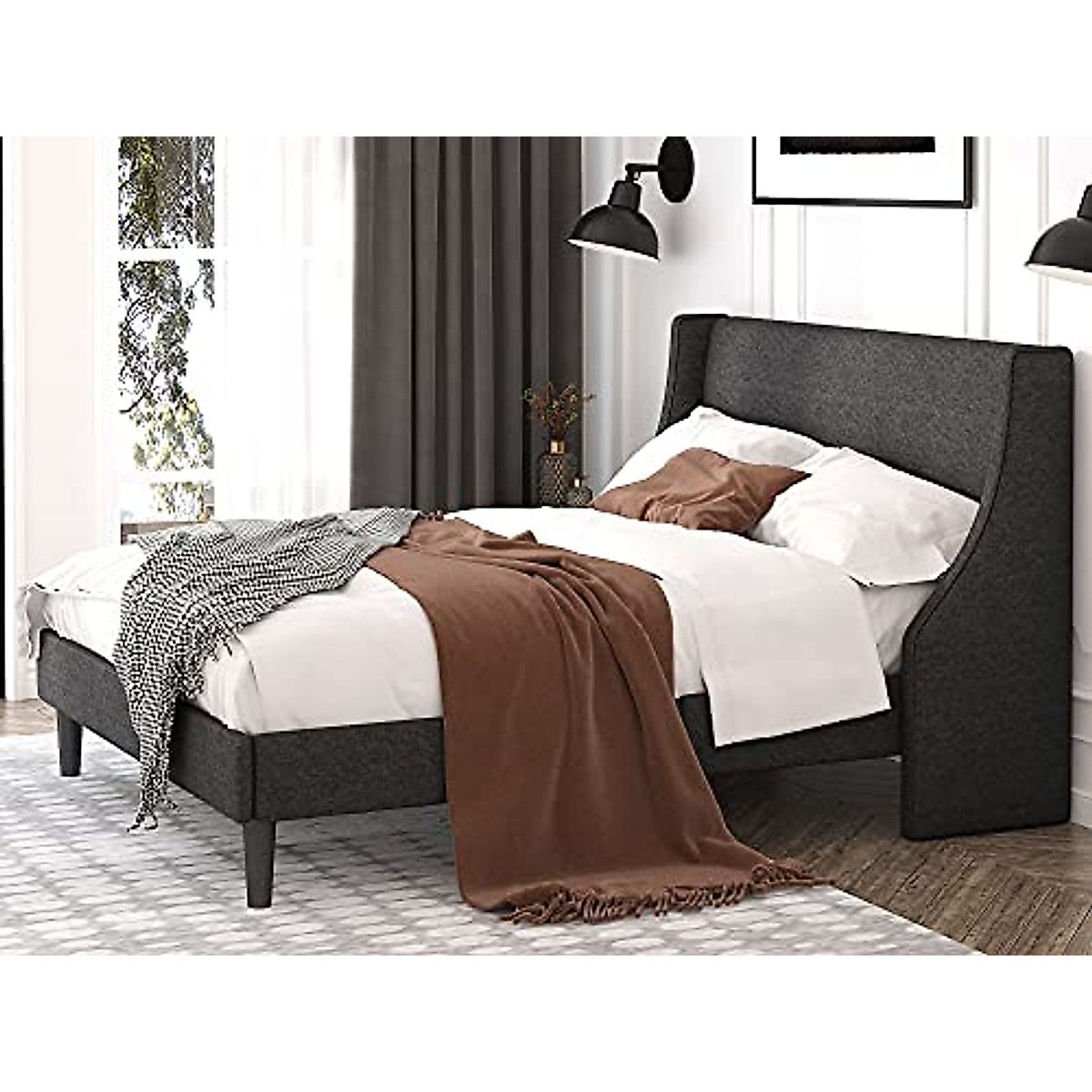 Einfach Queen Size Platform Bed Frame with Wingback Headboard / Fabric Upholstered Mattress Foundation with Wooden Slat Support, Dark Grey