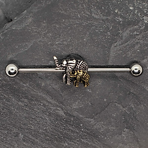 Pierce2GO 14G 38mm Surgical Steel Beautiful Silver and Gold Baby elephant head Industrial Barbell Ear Piercing Bar 1 1/2".industrial ring