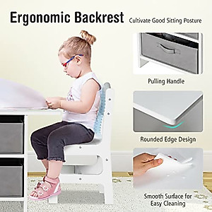 TUOCHUFUN Toddler Table and Chair Set, Wooden Kids Table and Chairs with Storage Baskets Puzzle, Activity Table Playset Furniture with Modern Gray Colors