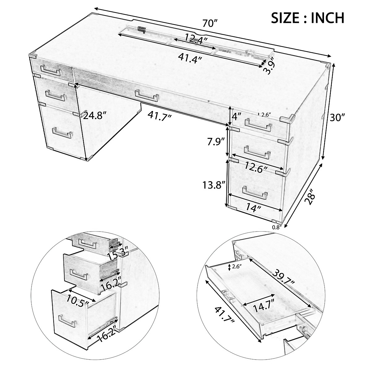 Quarte 70" Executive Desk with Metal Edge Trim, 2 File Drawers,USB Ports and Outlets,Classic Writing Desk with Hidden Compartment for Living Room,Home Office,Study Room (Black+Gold)