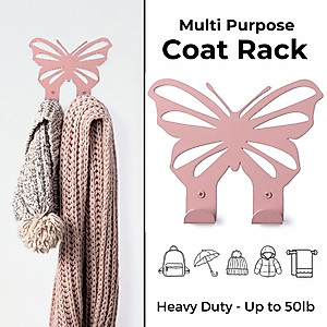 ARTiLETTO Butterfly Wall Hooks:Girl’s Bedroom Double-Hook Coat Rack Mount for Hanging Coats, Clothing, Backpacks, Purses, Jewelry, Towels, Girls Room Décor, Cute, 2 Metal Hangers, Pink