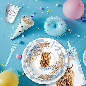 APOWBLS Highland Cow Baby Shower Decorations, Holy Cow Baby Boy Party Supplies Tableware, Paper Plate, Cup, Napkin, Tablecloth, Cutlery, Blue Boho Highland Cow Baby Shower Table Decorations | Serve 24