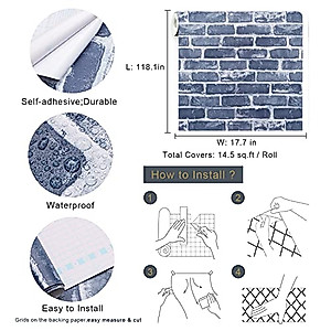 Timeet Blue Brick Wallpaper Peel and Stick Wallpaper 17.7" x 118.11" Self-Adhesive Removable Brick Textured Wallpaper Waterproof Backplash Living Room Wall Decor
