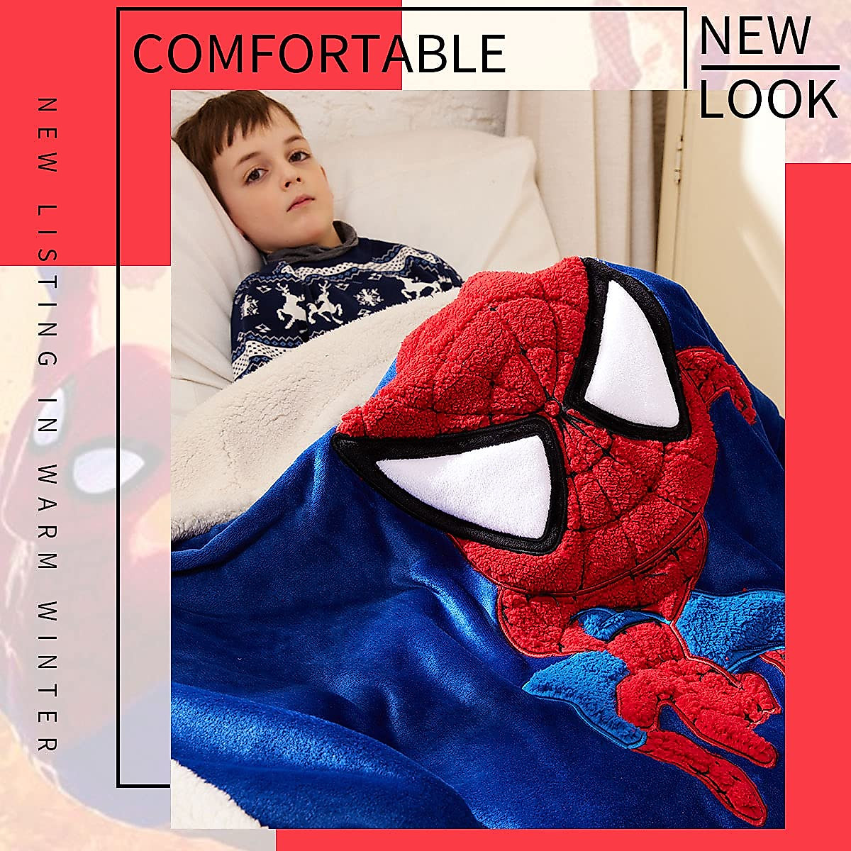 COCOPLAY W 3D Cartoon Embroidery Sherpa Flannel Blanket Throw for Kids, Soft Warm Cozy Plush Blanket for Couch Bed Sofa