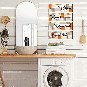 Tradder 4 Pcs Bathroom Wall Art Modern Orange and White Painting Art Bathroom Wall Signs Farmhouse Relax Soak Unwind Breathe Hanging Sign for Home Bathroom Decor