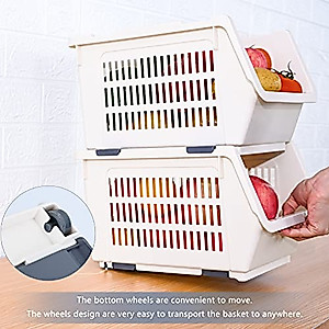 Baffect Pantry organizers, set of 3 Plastic Basket with rollers, Stackable Storage Bins for onions and potatoes (Beige)
