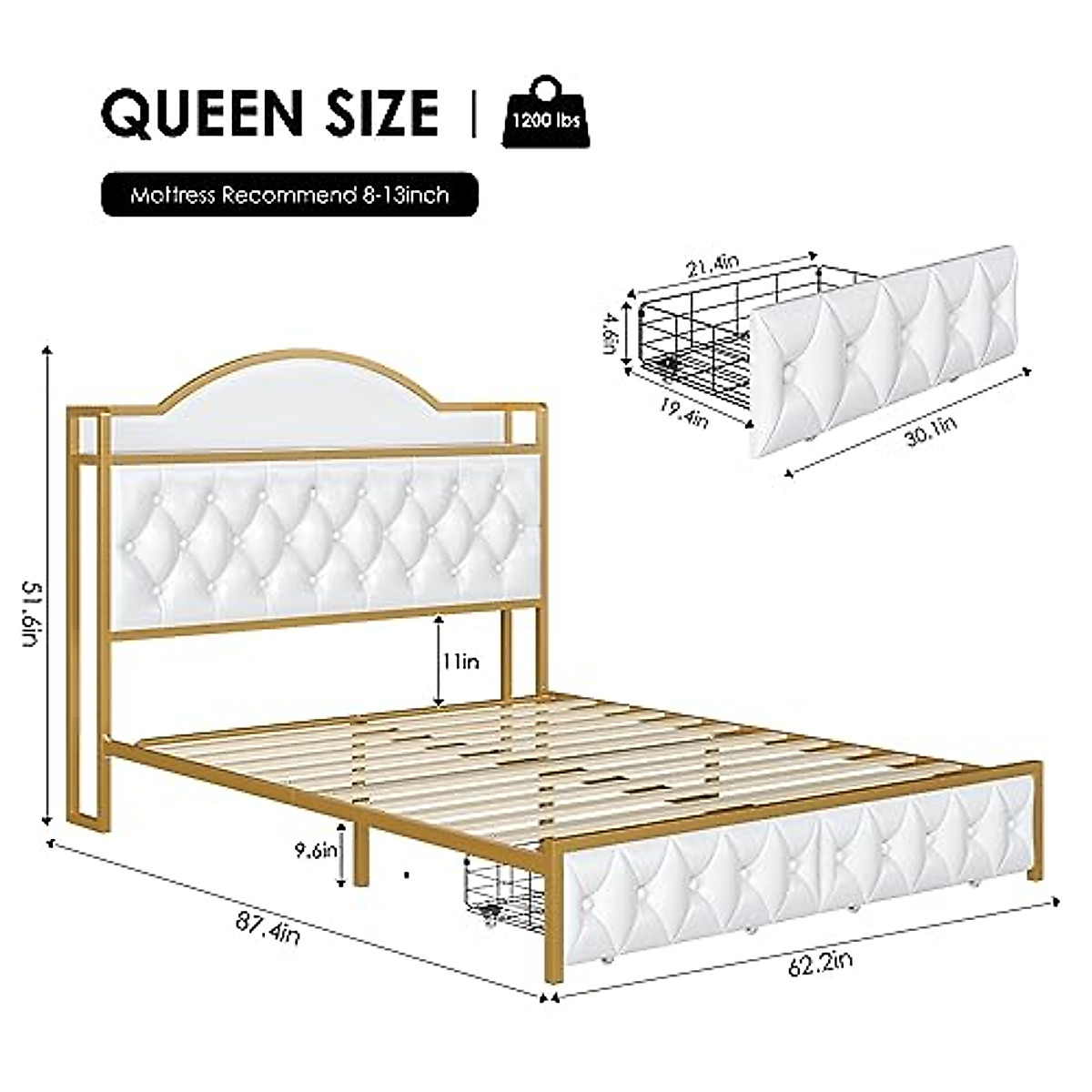 HITHOS Queen Bed Frame, Storage Headboard with Charging Station, Button Tufted Platform Bed with 2 Drawers, Upholstered Bed with 51.6" Tall Headboard, Gold Metal Frame, No Box Spring Needed, White