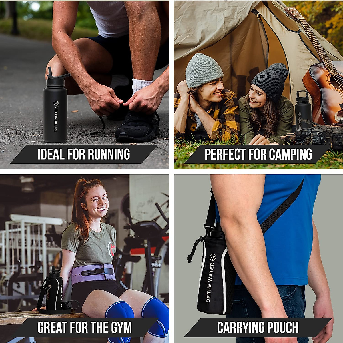 BE THE WATER 32 oz Sports Water Bottle with a Pouch 3 Lids 2 Straws - Keeps Hot and Cold Water, Leak Proof, Double Walled Vacuum Insulated Stainless Steel, Metal Water Bottles