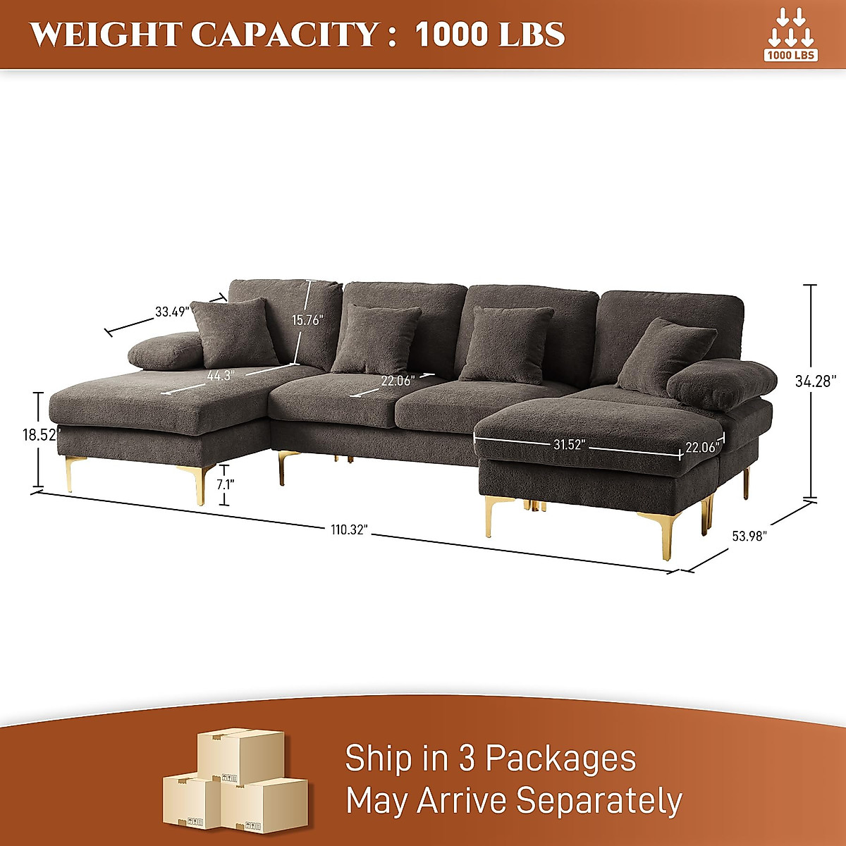 OUYESSIR U-Shaped Sectional Sofa Couch, 4 Seater Sofa Set for Living Room, 110" Convertible L-Shaped Chenille Couch Set with Chaise Lounge, Ottoman and Pillows (Grey)