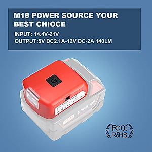 for Milwaukee M18 Battery Adapter, DC Port & 3W LED Work Light & Dual USB Charger Adapter Converter Compatible with Milwaukee Phone Charger 14.4V/18V Battery 49-24-2371 Power Source