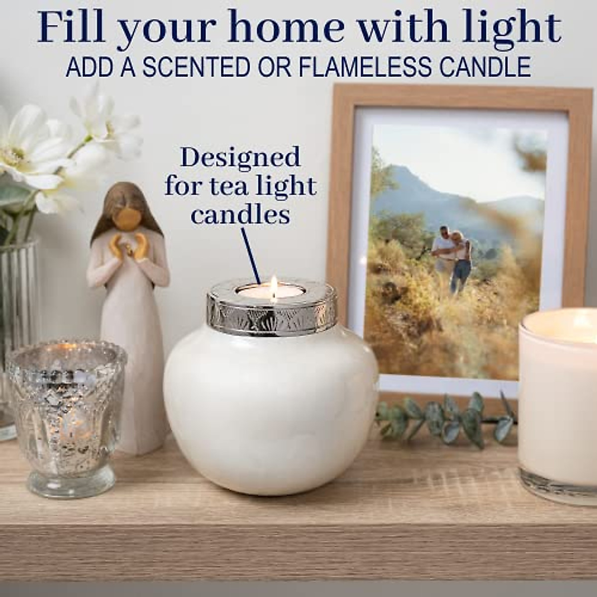 FOVERE – Small Decorative Urns for Human Ashes – White Ashes Keepsake Urn with Candle Holder – 100% Handmade Decorative Cremation Urns for Males and Females. Pet Urn for Dogs Ashes and Cats