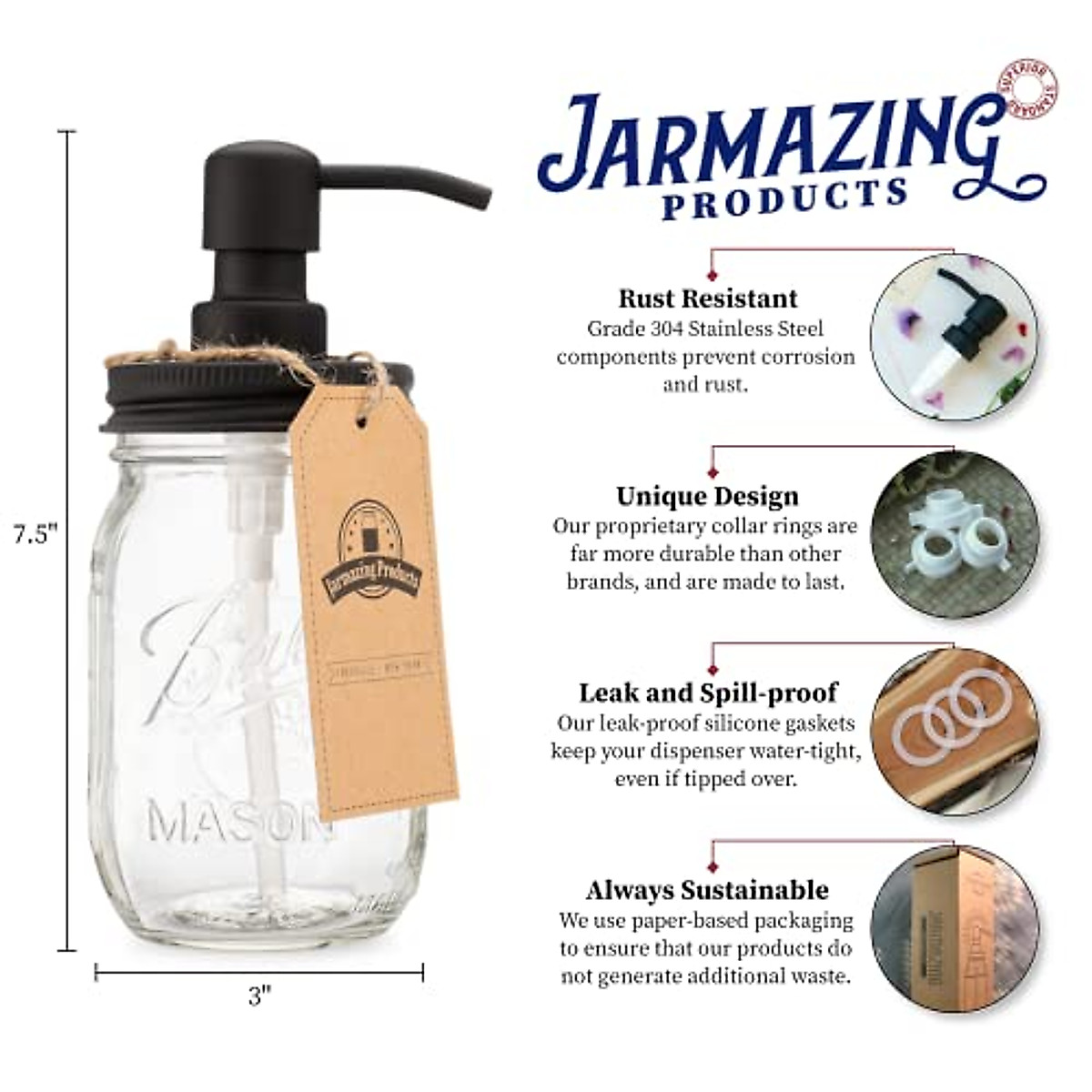 Jarmazing Products Mason Jar Soap Dispenser - Black - with 16 Ounce Ball Mason Jar - Made from Rust Proof Stainless Steel