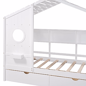Guxeei Twin Size Wooden House Bed with 2 Drawers, Modern Design Kids Bed Frame with Storage Shelf for Kids Teens Adults, Wood Slat Support, No Box Spring Needed, Easy Assembly (White)