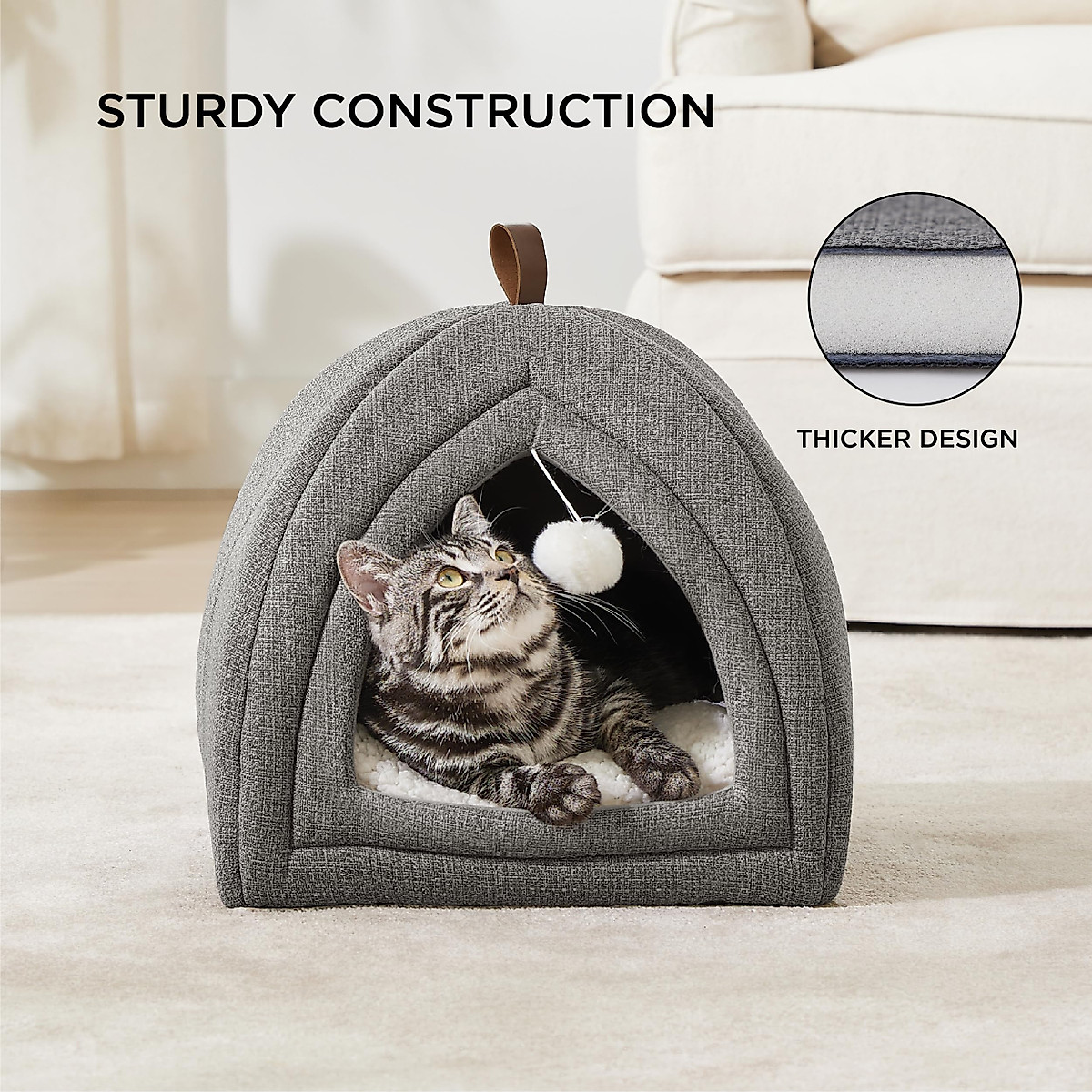 Bedsure Cat Beds for Indoor Cats - 2 in 1 Cat Cave for Kittens and Small Pets, Foldable Cat House Tent with Removable Washable Cushioned Pillow, Cat Hideaway with Non-Slip Bottom, Grey, 16 inches