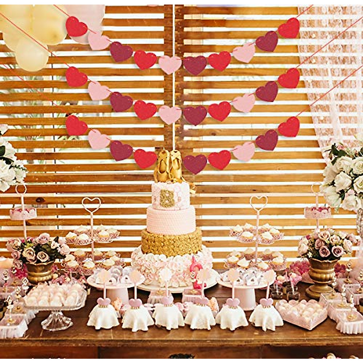 JOZON 4 Pack Felt Heart Valentine’s Day Garland Banner Valentines Day Heart Decorations for Anniversary Wedding Engagement Party Home Office Wall Decorations Supplies (Red, Pink and Dark Red Color)