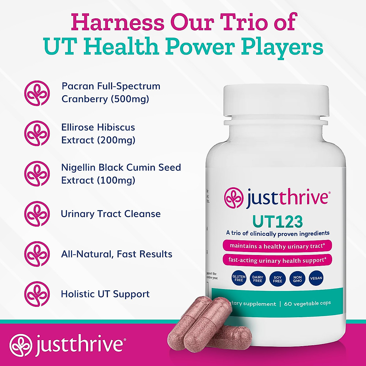 Just Thrive UT123 - Supports Urinary Tract Health for Women - Made with Cranberry, 60 Capsules