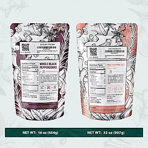 Soeos Whole Black Peppercorns 16oz + Himalayan Pink Salt 2lb, Salt and Pepper for Grinders, Black Peppercorn Refil, Pink Himalayan Sea Salt, 2 Piece Set