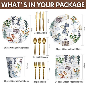 Suhelkit Dragon Birthday Party Supplies - Dragons Party Decorations Tableware, Paper Plate, Napkin, Cup, Cutlery, Magical Dragon Birthday Decorations, Dragon Baby Shower Table Decorations | 24 Guests