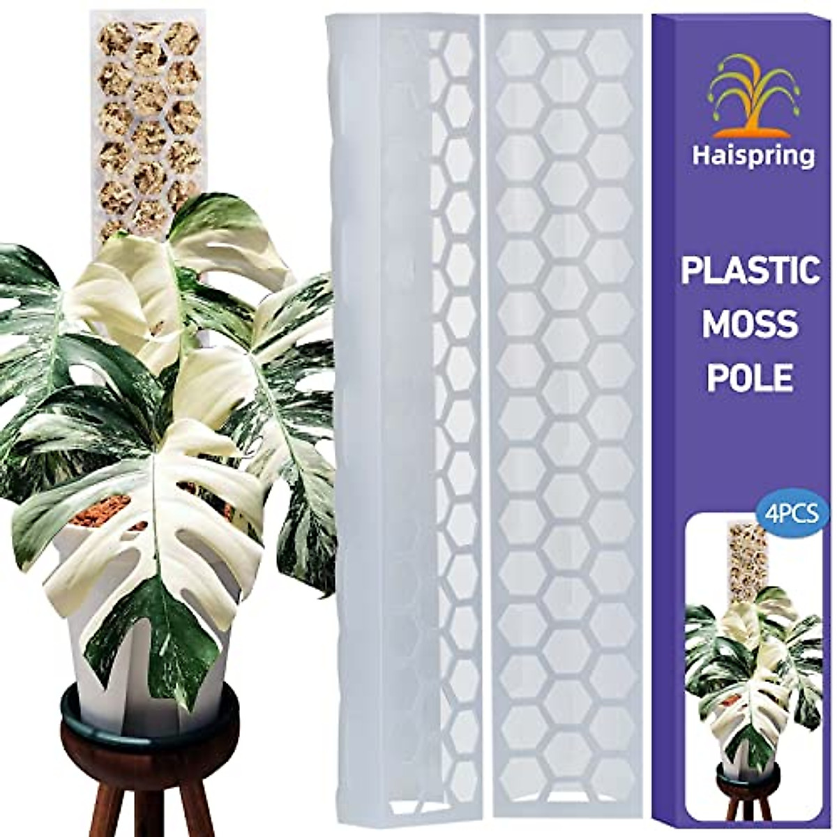 Haispring Plastic Moss Pole 4 Pcs Plant Stakes Extending to 62 Inch for Training Indoor Climbing Plants Such as Monstera to Grow Upwards-Use Plant Support Poles Work with Sphagnum Moss or Other soils