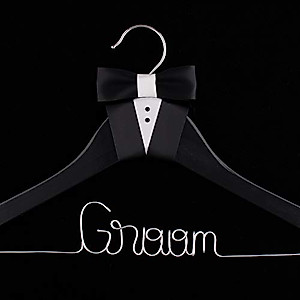 Ella Celebration Groom Hanger for Tuxedo or Suit, Hangers for Bridal Party, Wooden and Wire, Black Wood (Groom)