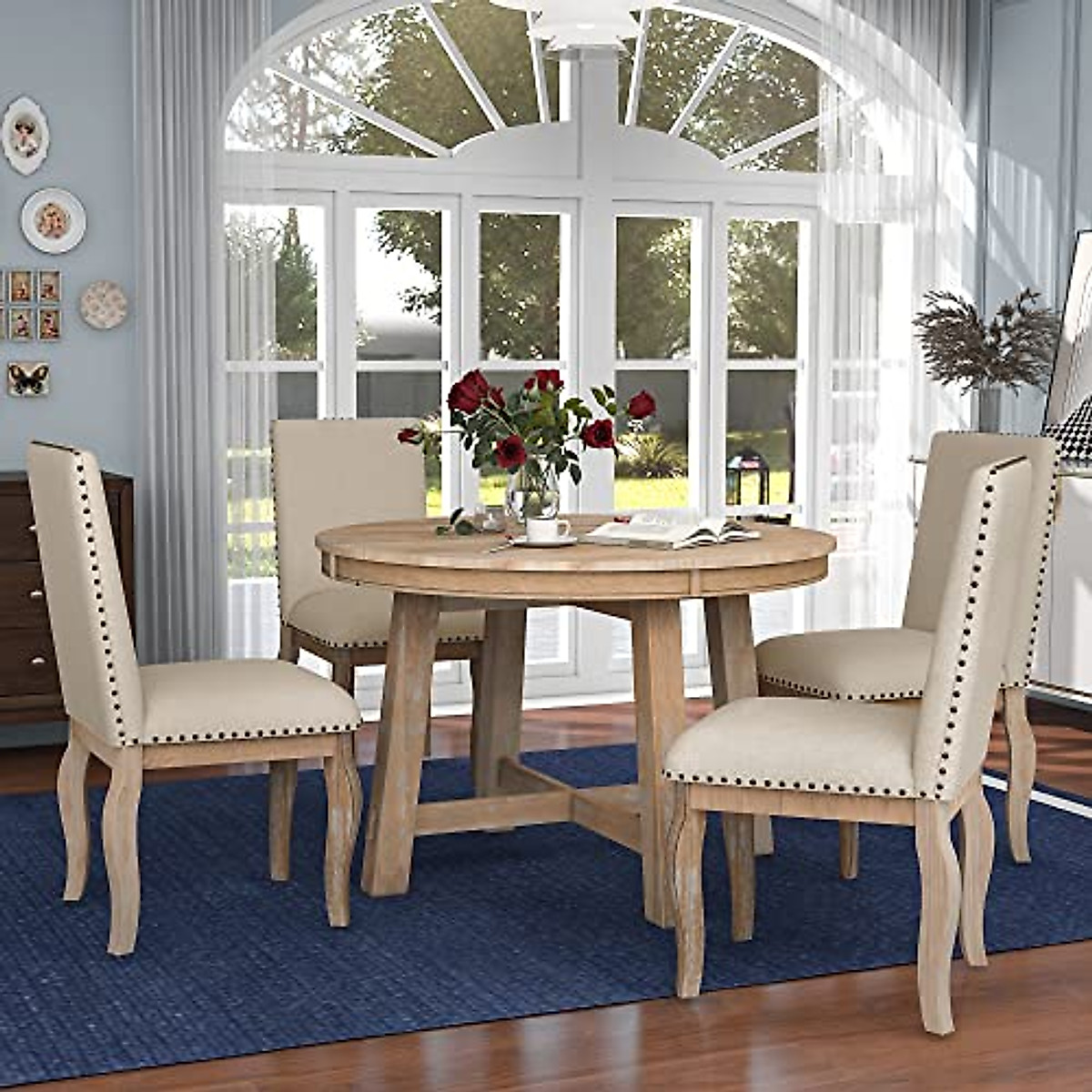Merax Round Dining Table Set with 4 Chairs for 4-6 Persons Extendable 5 Piece Kitchen Dining Set Rustic Solid Wood Dining Table, Natural Wood Wash