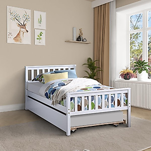 Twin Bed with Pull out Trundle, Modern Pine Wood Platform Bed with Headboard and Footboard, Trundle Bed Frame for Bedroom, Small Living Space, Boys, Girls, Adults, No Box Spring Needed, White