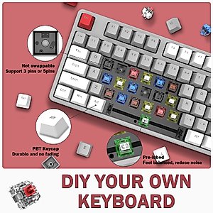 A.JAZZ AK873 Wired 87 Key TKL Retro Color Mechanical Gaming Keyboard with Rainbow Backlit Hot-swap Linear Red Switch NKRO Gasket Custom Coiled Aviator C to A Cable for Win/PC/Mac Gamer(White Gray)