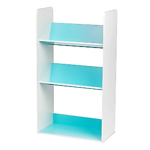 IRIS USA 3-Shelf Angled Bookshelf for Children, Short Inward Slant Bookcase Furniture for Kids Room Playroom Nursery to Safely Store and Organize Books Games Toys and Small Items, White and Blue