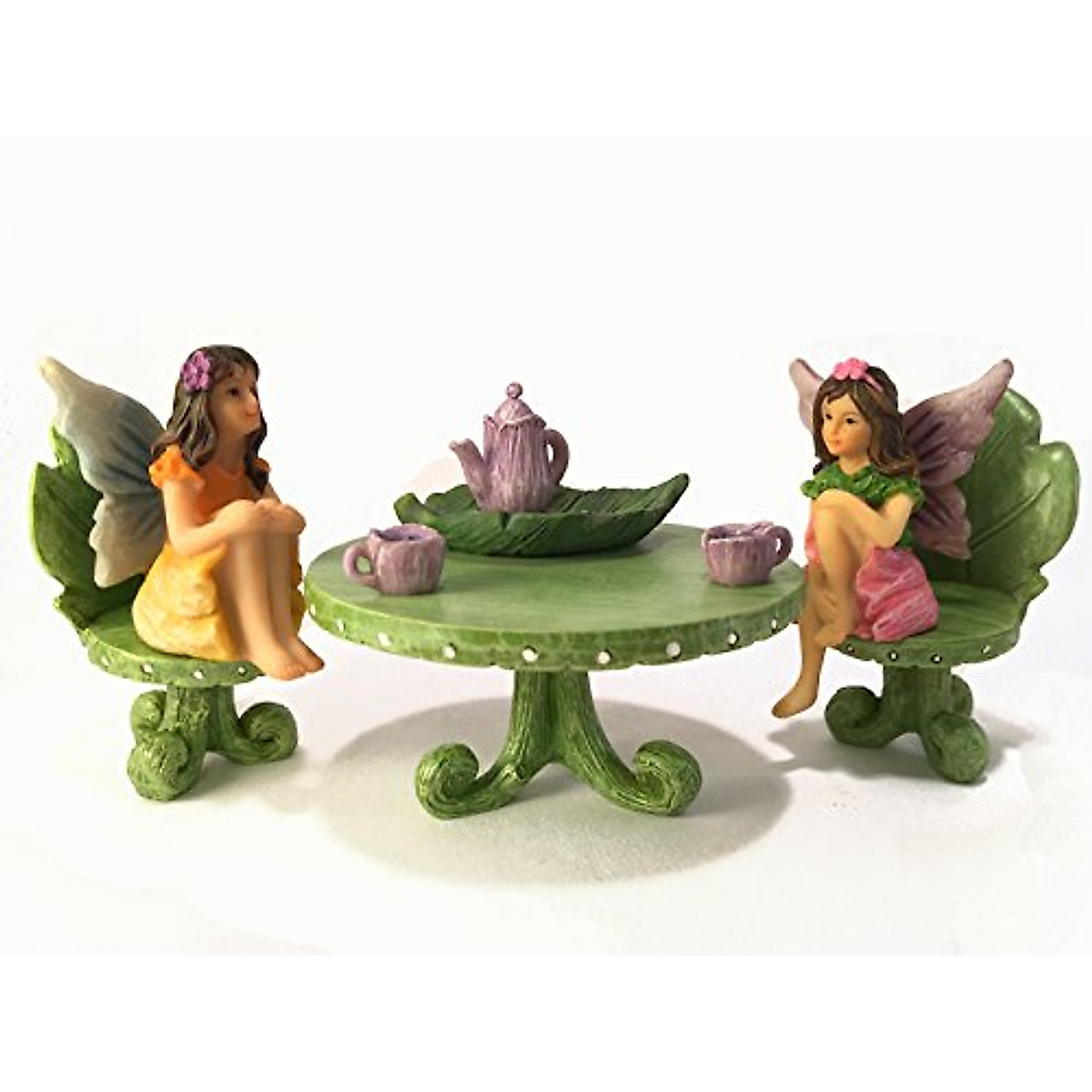 Miniature Fairy Garden Furniture Set: Leaf Bistro Set with Tea Set for Fairies and Garden Gnomes