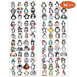 Penguin Temporary Tattoos Birthday Party Decorations Supplies Party Favors 96PCS Tattoos Stickers Cute Kids Girls Boys Gifts Classroom School Prizes Themed Christmas
