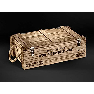 Whiskey Stones Gift Set for Men | Whiskey Glass and Stones Set with Wooden Army Crate, 8 Granite Whiskey Rocks Chilling Stones and 10oz Whiskey Glasses | Whiskey Gift for Men, Dad, Husband, Boyfriend