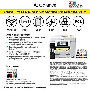 Epson EcoTank Pro ET-5880 Wireless Color All-in-One Supertank Printer with Scanner, Copier, Fax, Ethernet and PCL/Postscript, White
