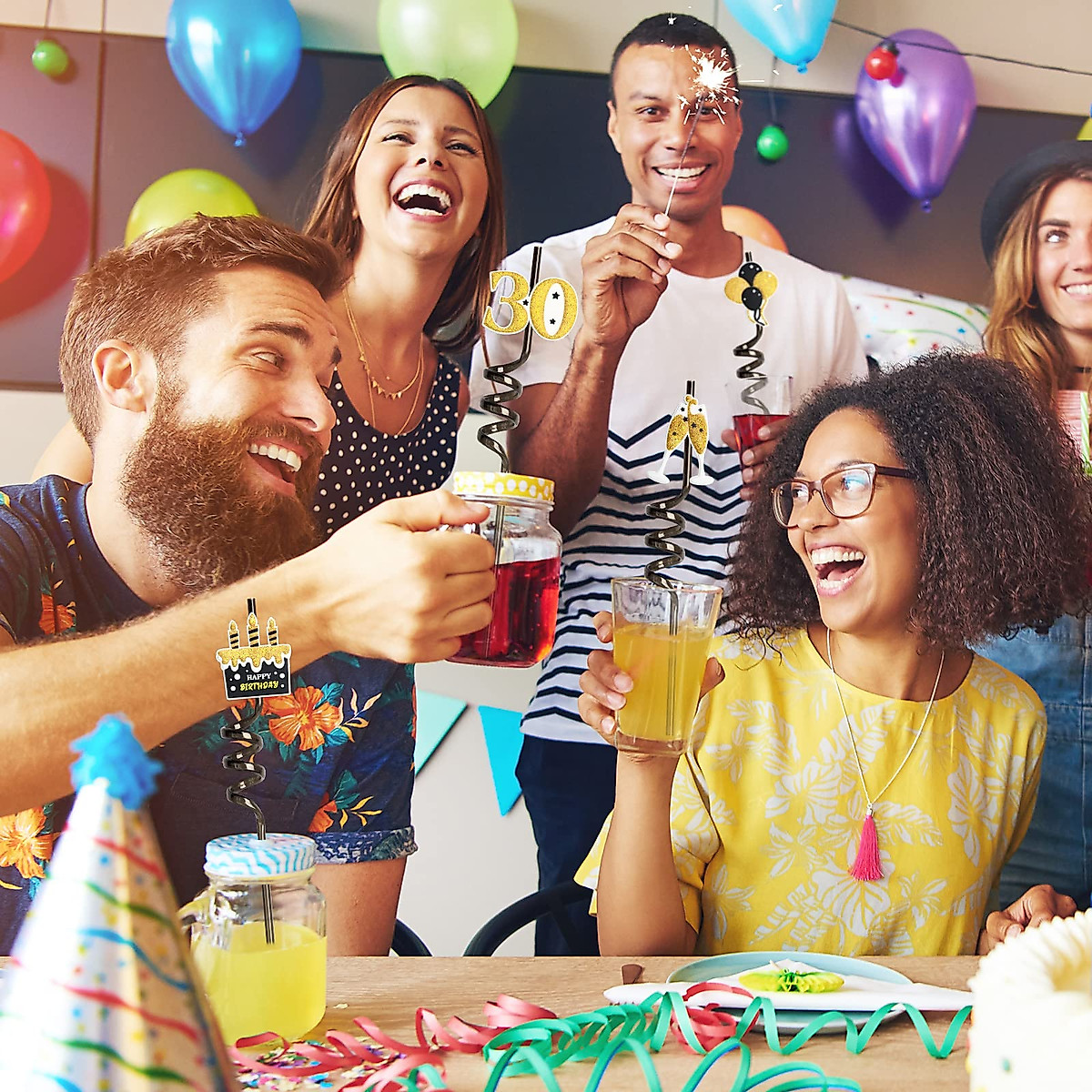 24 PCS 30th Birthday Party Decorations Straw Decor Plastic Reusable Glitter Straws for 30th Birthday Party Decor Cut-Out Number 30 Party Decorative Supplies for Women Men with 2 Brush